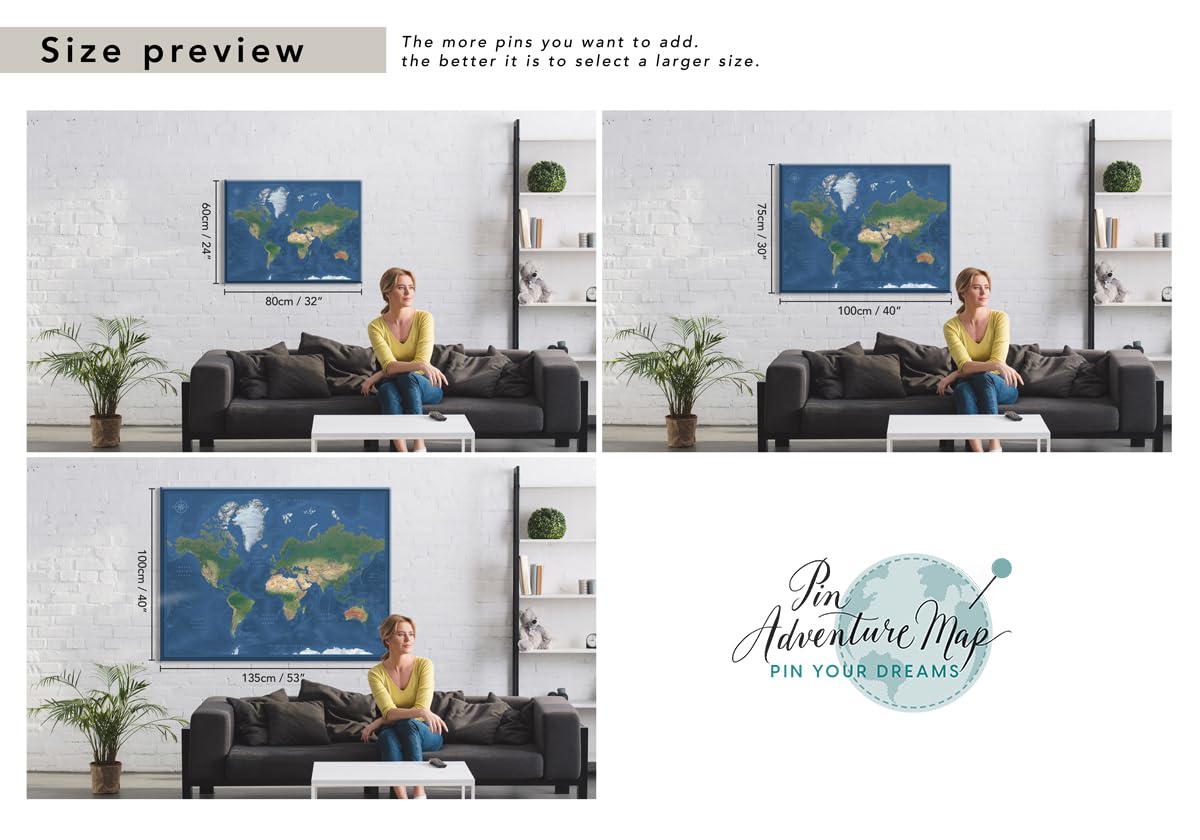Modern World Satellite Wall Map with Push Pins | Push Pin Travel Map on Canvas | Personalized World Map with Pins | 24" x 32" up to 40" x 53"