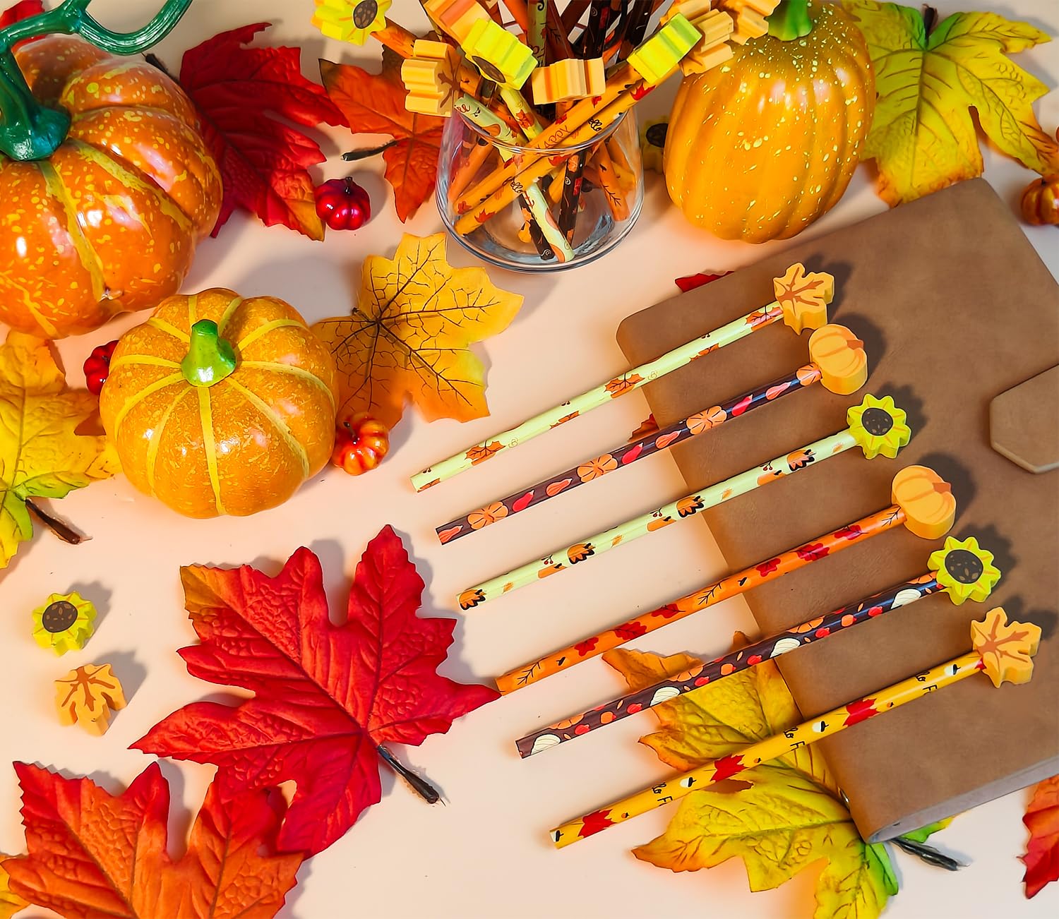Fall Pencils with Erasers Toppers Autumn Themed Pumpkin Maple Leaf Sunflower Top Eraser Thanksgiving Decoration Bulk Pencil for Kids Students Office School Stationery Gift (30 Set)