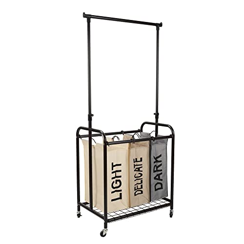 Oceanstar 3-Bag Rolling Laundry Sorter with Adjustable Hanging Bar, Color