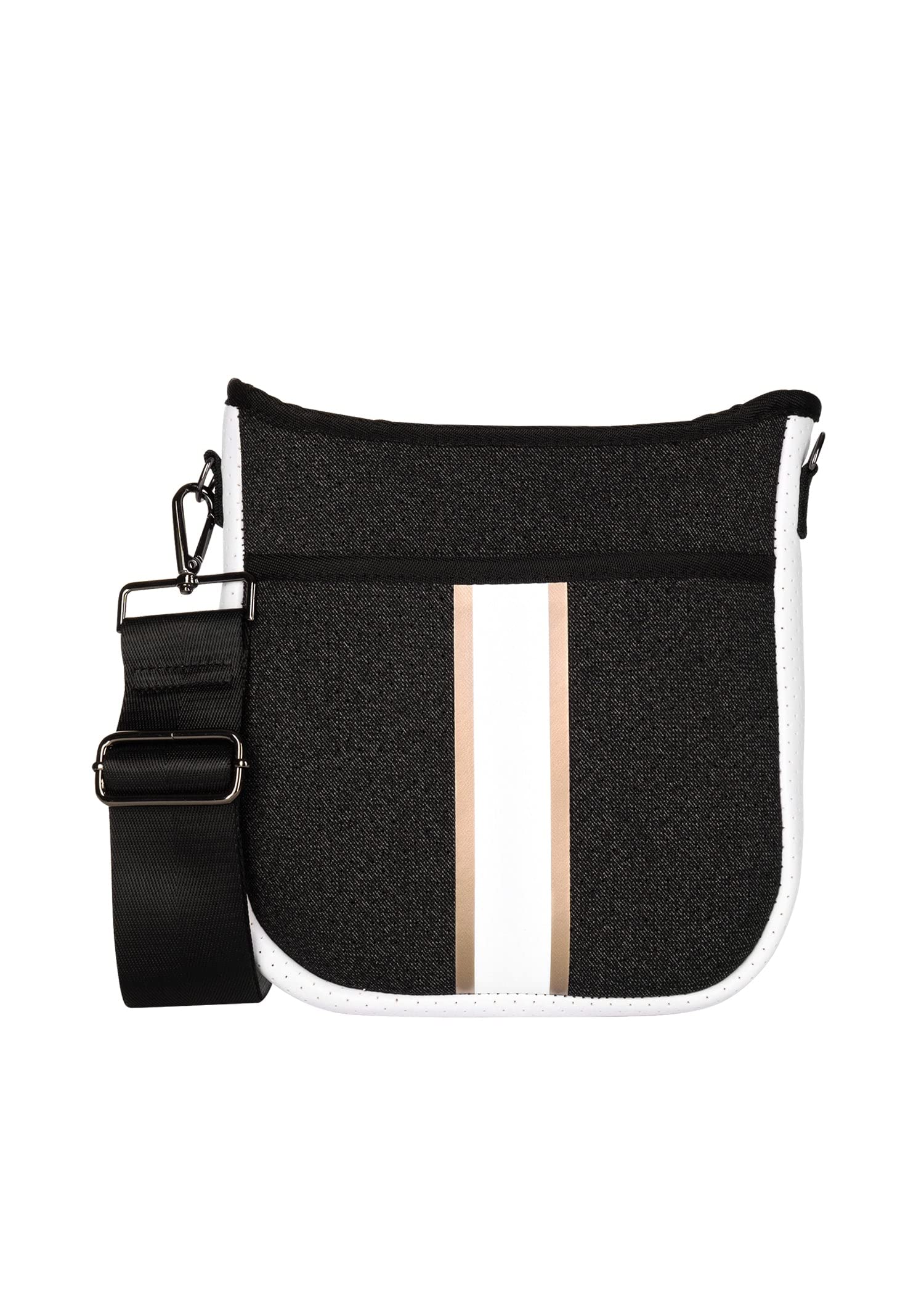 Haute Shore - Jeri Bravo Crossbody Tote, Black Denim W/Rosegold & White Stripe