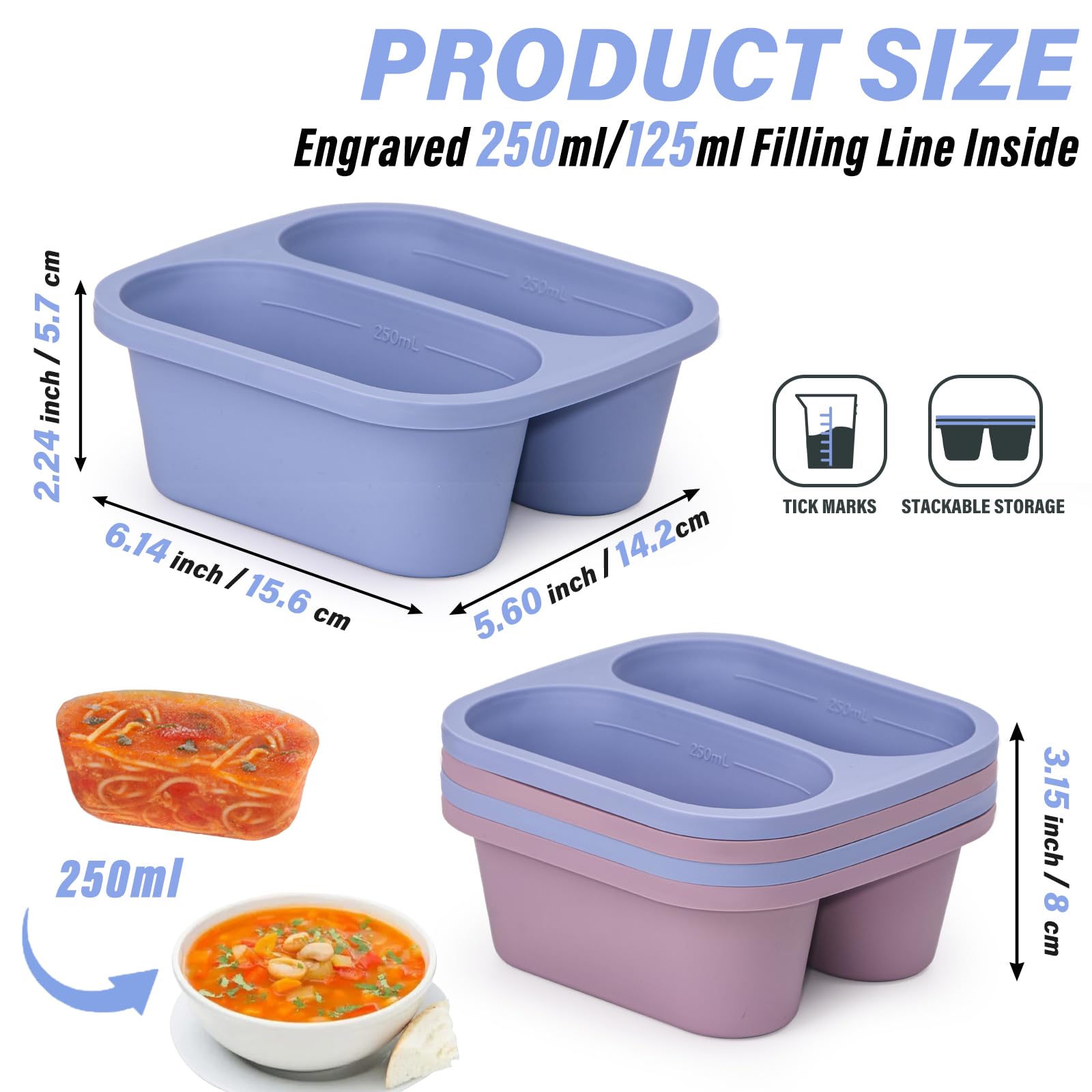 Mossime Silicone Soup Freezer Molds: 1 Cup Silicone Freezer Trays with Lid - 4 Packs Easy Release Soup Freezer Containers - 250ml 125ml Portion Large Cubes for Ice Soup (4, Blue/Purple)