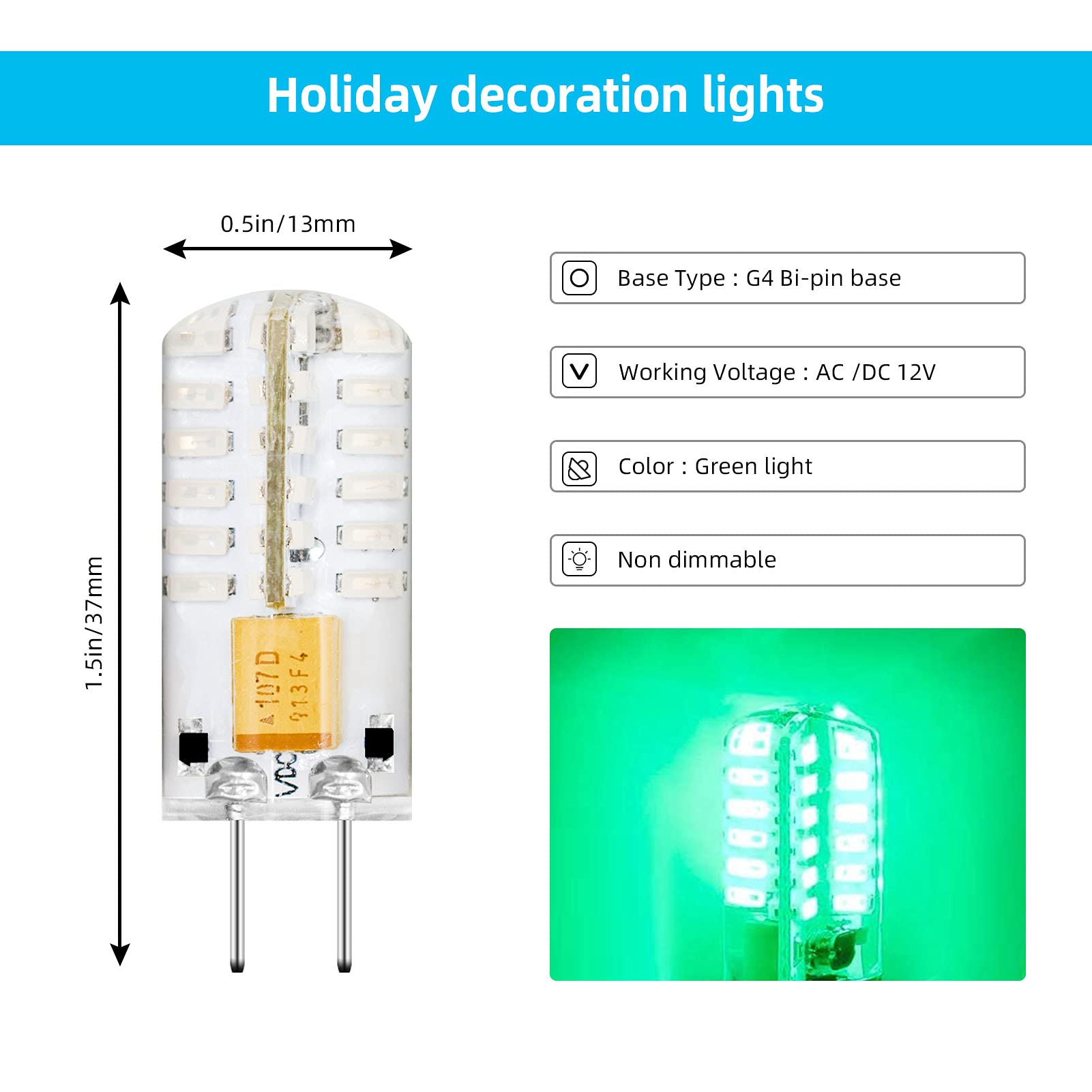 TZHILAN Green G4 LED Light Bulb 12V AC/DC 2W 48×3014 SMD 20W Halogen Bulb Equivalent, Capsule Spotlight Lamps for Landscape Holiday Decoration, Atmosphere Creation, 4-Pack