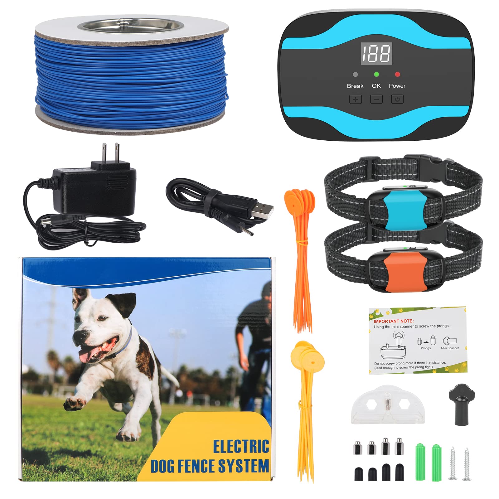 Electric Dog Fence, Wired Pet Containment System 656Ft Electric Fence for Dogs Adjustable Vibration & Rechargeable Underground/Aboveground 2 Waterproof Shock Training Collars Receiver Tone Correction