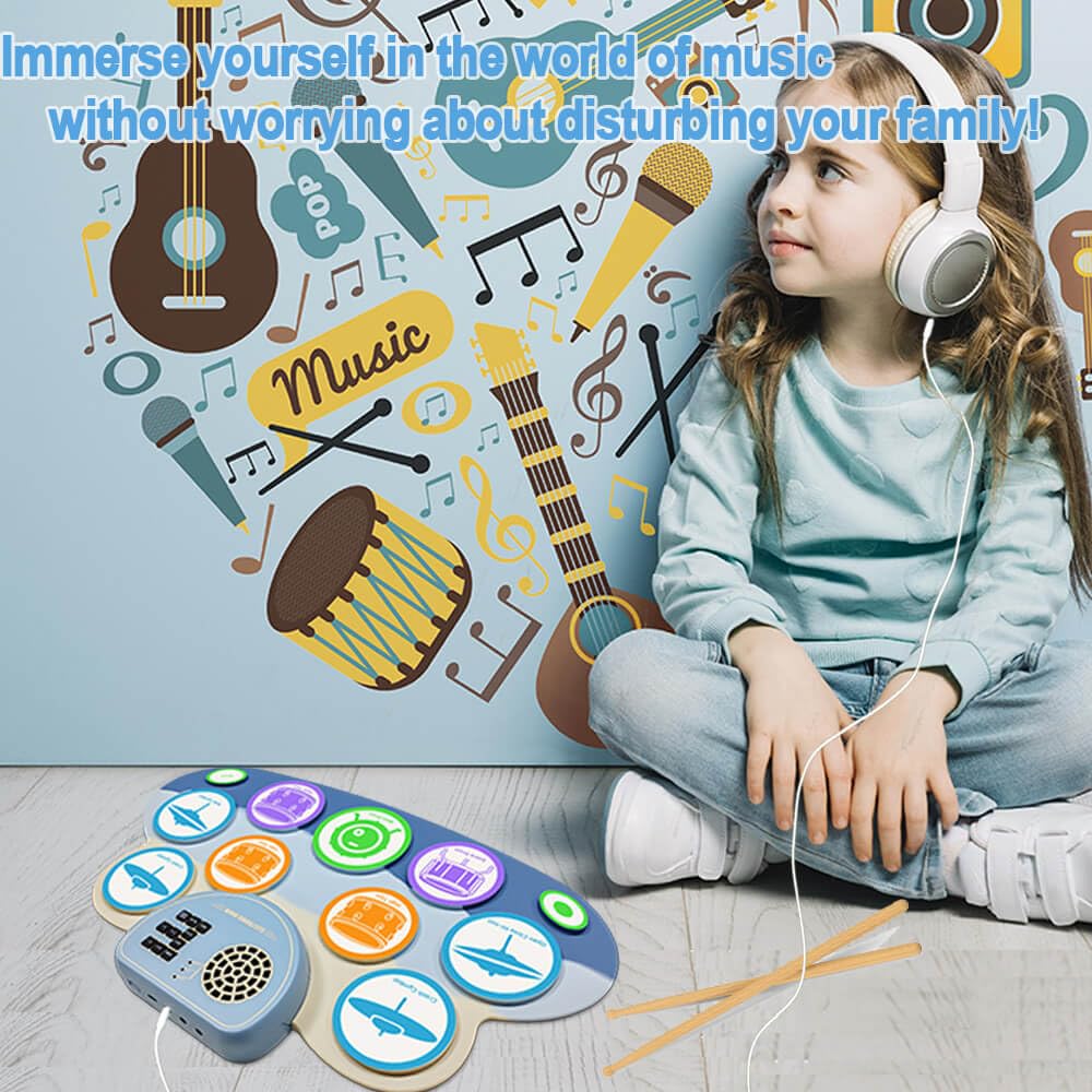 Electric Drum Set, Electronic Drum Pad - Portable Foldable Roll Up 9 Pads Practice Digital Drum Kit for Kids and Adult Beginner Drummers Christmas Gift
