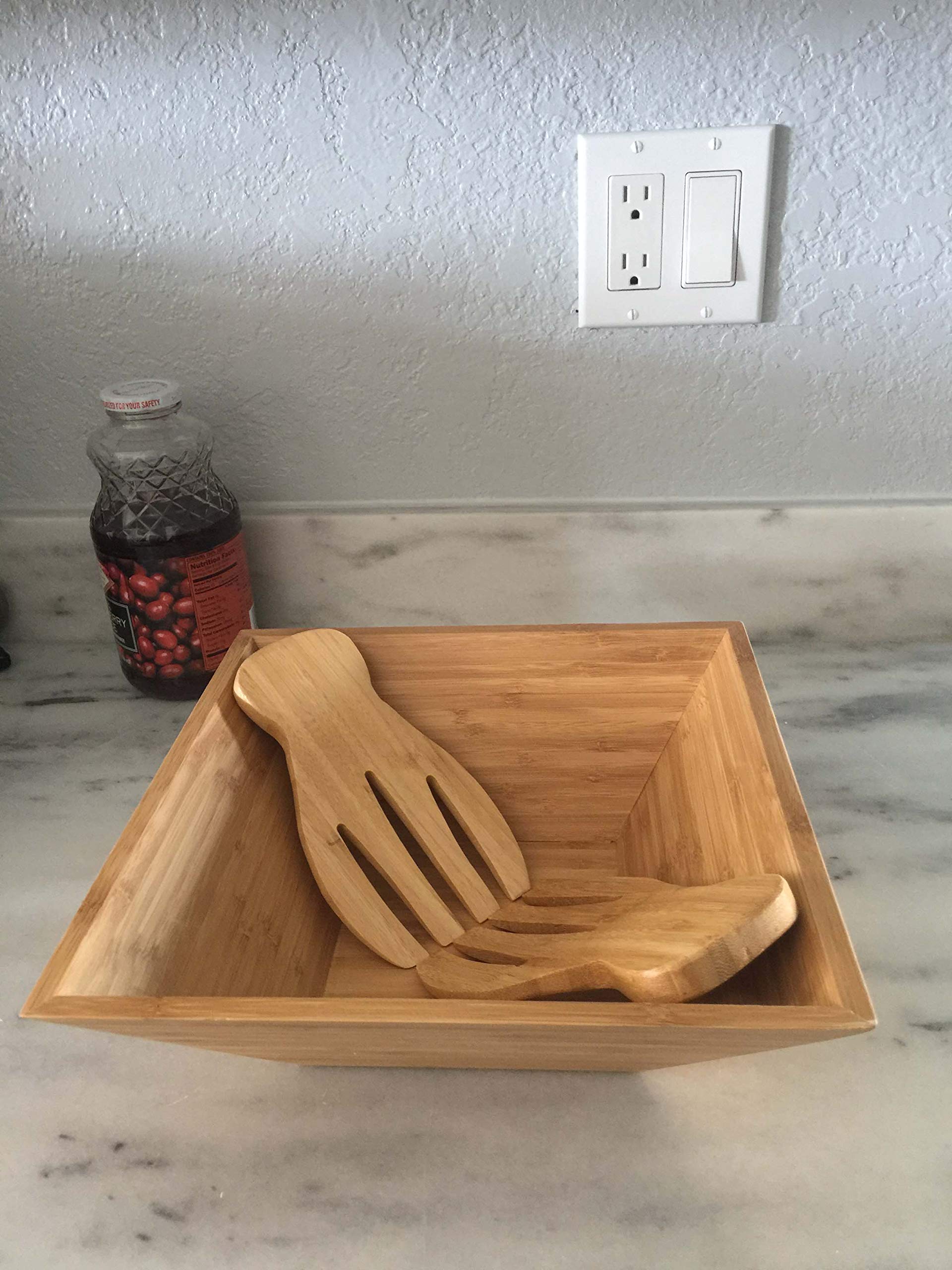 JB Home Collection 4563, Large Bamboo Salad Bowl Set with 2 pieces Salad Hand Server Forks - Great for Serving Fruit, Salad, Pasta, Wood Brown 11"x11"