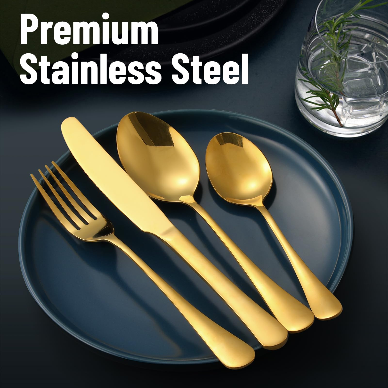 SDOM Silverware Set, Mirror Finish 24-Piece Stainless Steel Rounded Flatware Set for 6, Food-Grade Tableware Cutlery Set, Utensil Sets for Home Restaurant, Dishwasher Safe(Gold)