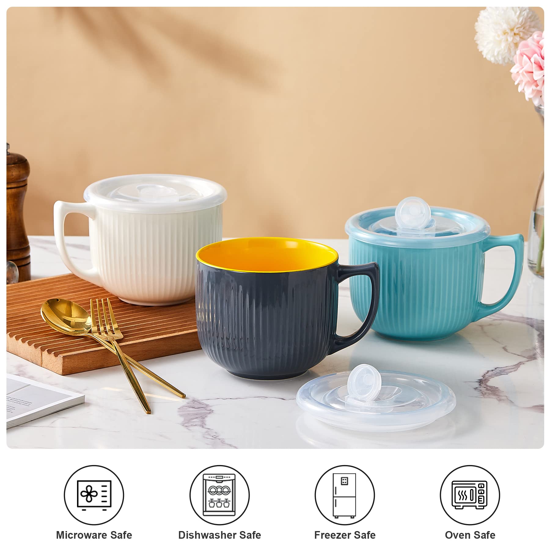 Hoilse Ceramic Soup Bowl with Handle and Vented Lid, 32oz Large Deep Soup Mug with lid, Travel Cereal Bowl for ramen and instant noodle Microwave Safe, Dishwasher Safe(Blue)