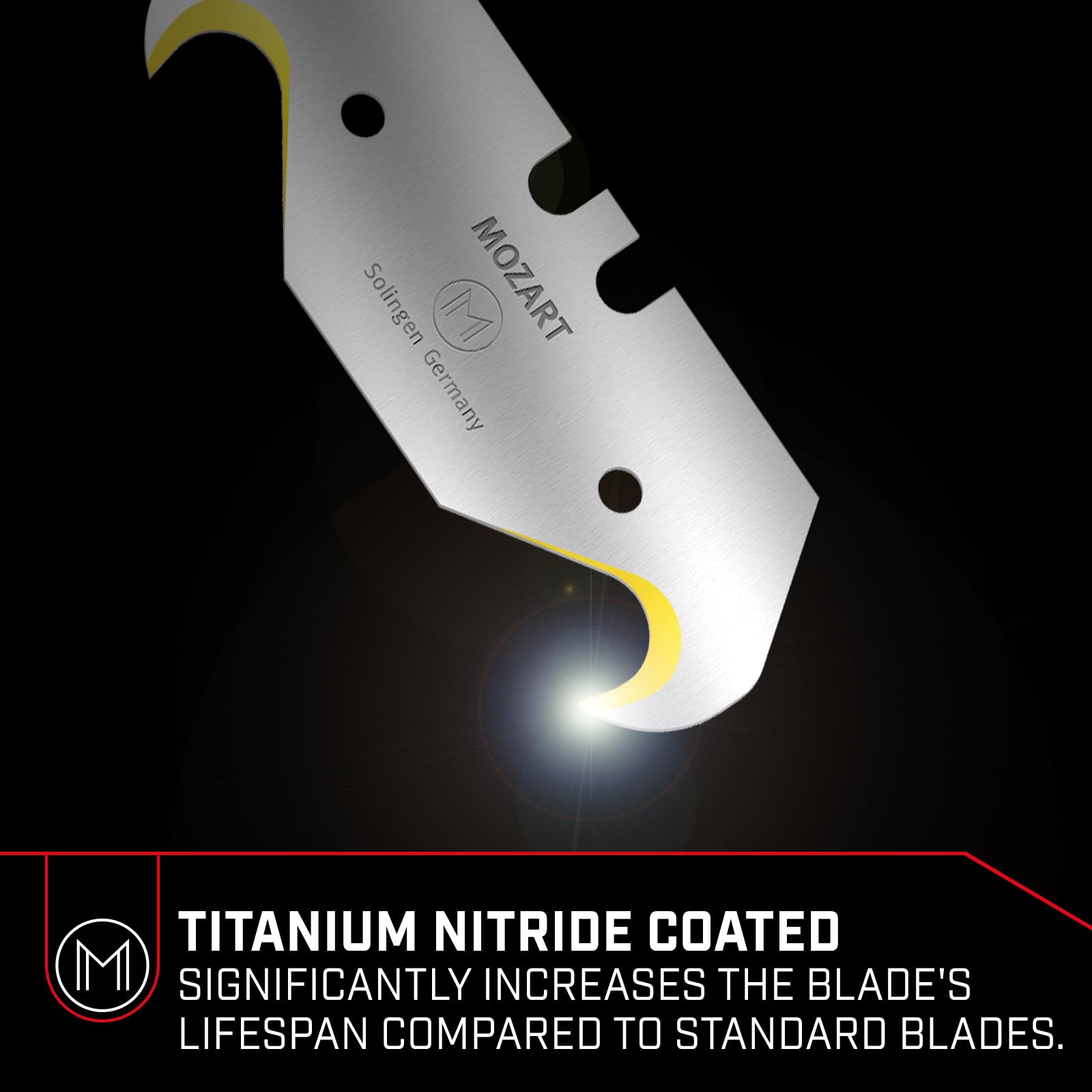 Mozart Universal TiN Hook Utility Blade: RC65 High-Carbon Steel, Titanium Nitride coating. Ideal for roofing, flooring, drywall, and more. Made in Germany. (10 Pack)