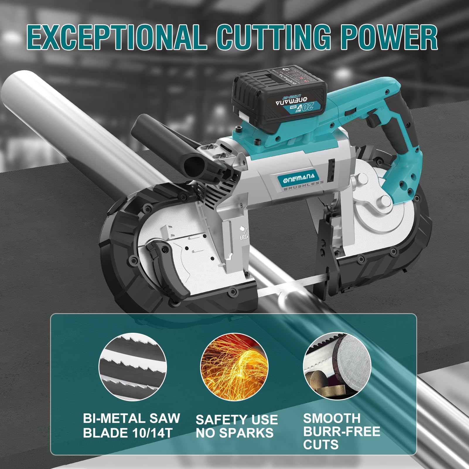 ONEMANA 5 inch Cordless BandSaw,20V Cutting Capacity Brushless Metal Band Saw,Not Hot Sparks, Portable BandSaw for Deep Cut with 6 Speeds Adjustable( Battery Included)