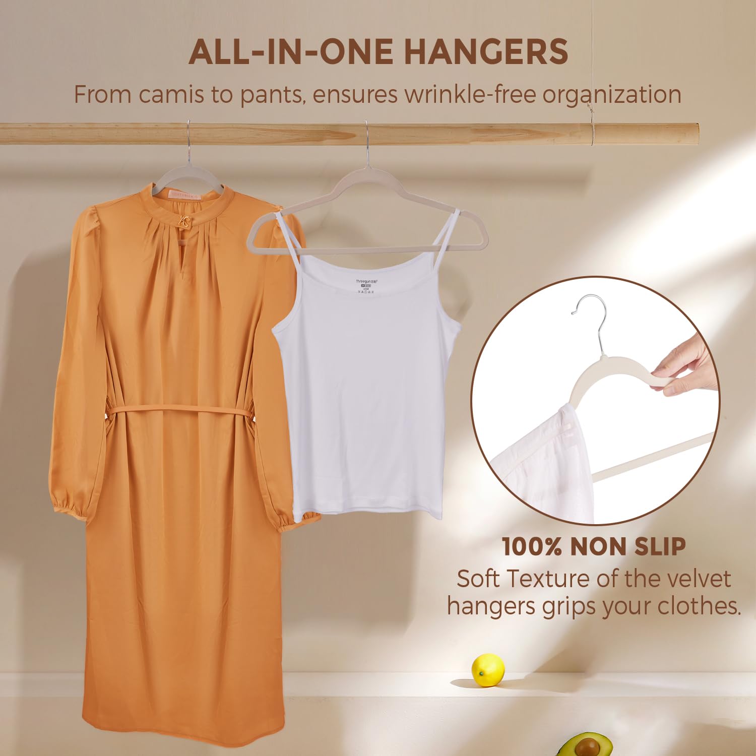Tonswachic Velvet Hangers 50 Pack + Cascading Hangers 5Pack Space Saving for Closet - Heavy Duty Ivory Hangers for Coats - Non Slip Clothes Hanger Set - Felt Hangers for Clothing