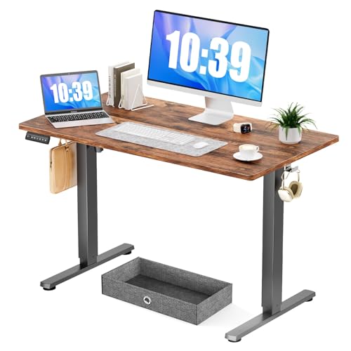 DUMOS Adjustable Height Electric Standing Desk with Drawer,48 x 24 in Ergonomic Computer Table with Splicing Board, Wire Hole and Hook for Workstation for Home, Office, Rustic Brown