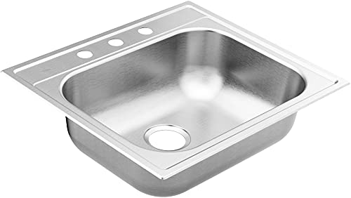 Moen GS201963BQ 2000 Series 25-inch 20 Gauge Drop-in Single Bowl Stainless Steel Kitchen Sink, 3 Hole, Featuring QuickMount