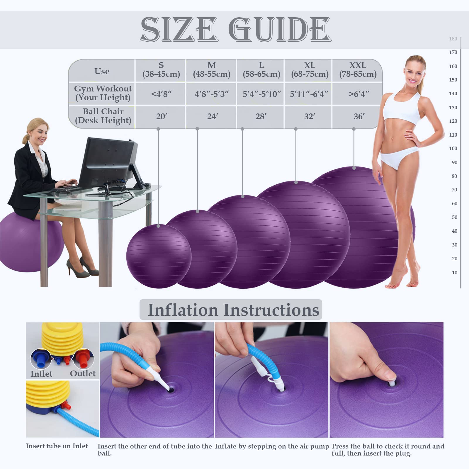 Goonidy PL-0123 purple 45cm Yoga Ball Anti-Burst for Pregnancy Birthing, Excersize with Quick Pump - 45cm PL-0123