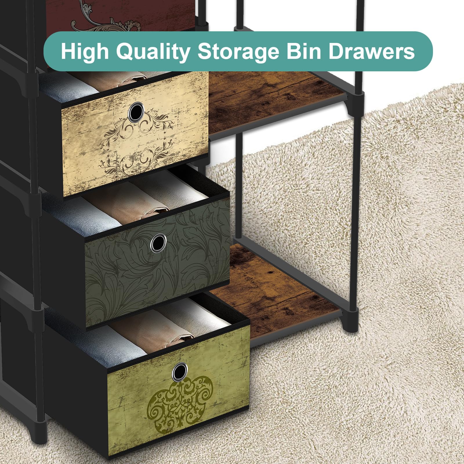 VASICAR Small Fabric Dresser with 2-Tier Side Shelf, 4 Drawers Storage Drawer Units for Bedroom, Storage Cabinet, Beside Sofa Table for Hallway Entryway