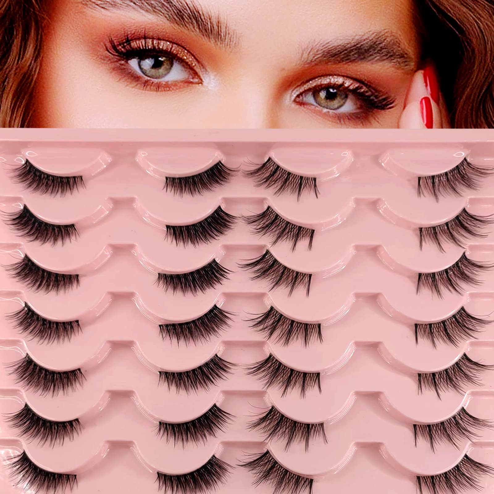 Half Lashes Natural Look with Clear Band Cat-Eye Lashes Wispy Fluffy Faux Mink Accent False Eyelashes, 2 Styles Mixed 3/4 Corner Lashes Reusable Soft DIY Cluster Lashes Pack 14 Pairs by Heracks(07+01)