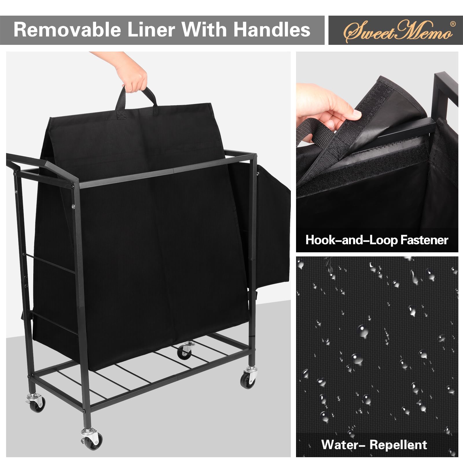 SweetMemo Rolling Laundry Basket with Wheels and Lids, 2 Section Laundry Hamper On Wheels, Heavy Duty Industrial Wheeled Clothes Hampers, Black