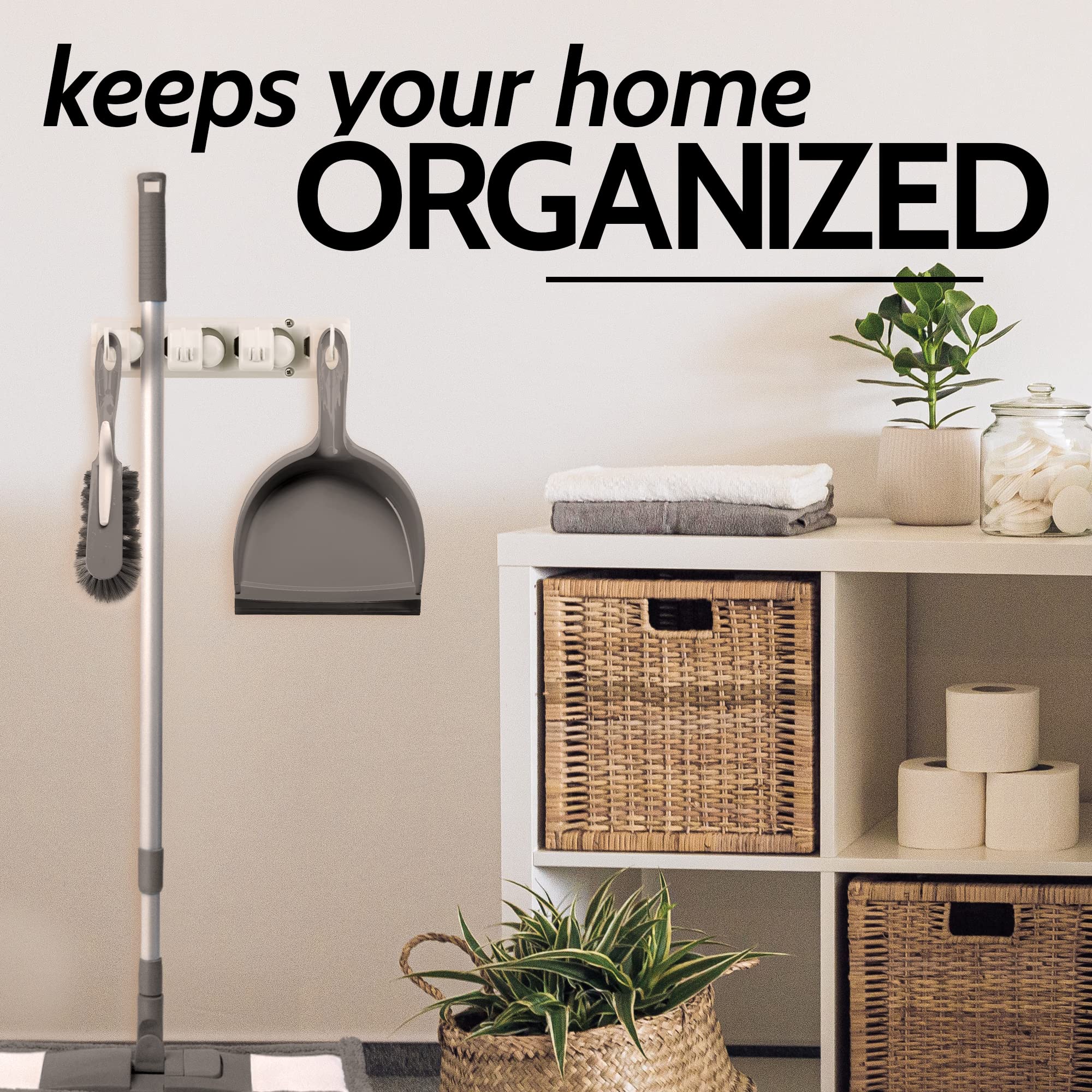Zulay Home Mop and Broom Organizer Wall Mount - Easy to Install Mop and Broom Holder Wall Mount for Storing Cleaning Supplies - Organizer Utility Racks Mop Holder and Broom Hanger (3 Slots, White)