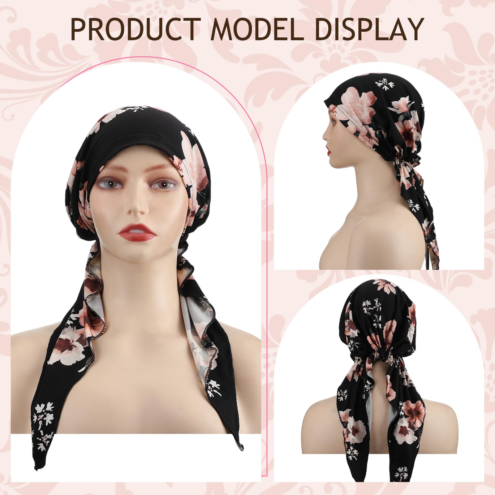 Halfchet 4 Pieces Chemo Headwear for Women Cancer Hats Pre Tied Chemo Caps Soft Cotton Elastic Head Scarf for Cancer Patients (Floral Pattern)