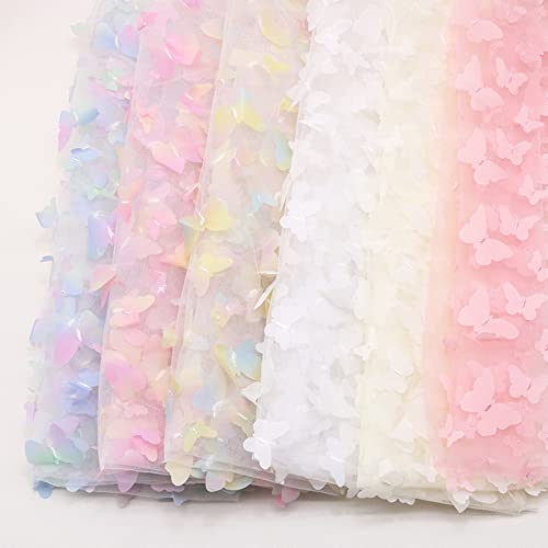 URROMA Embroidery Butterfly Lace Fabric, 3D Butterfly Lace Fabric Mesh Tulle lace for DIY Wedding Dress Costume Accessories Veil Home Decor (White, 1 Yard)