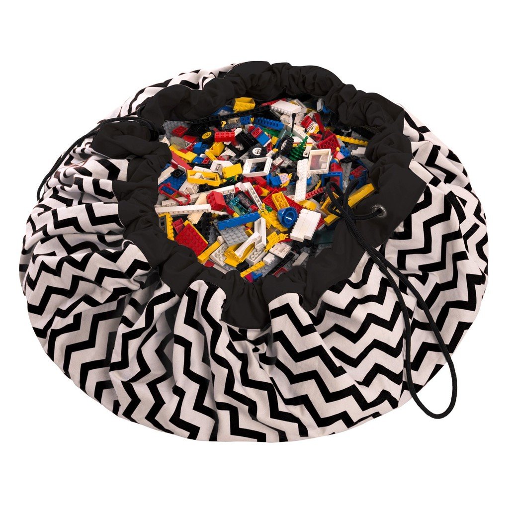 Play Mat and Toy Storage Bag - Durable Floor Activity Organizer Mat - Large Drawstring Portable Container for Kids Toys, Books - 55", Zigzag, Black
