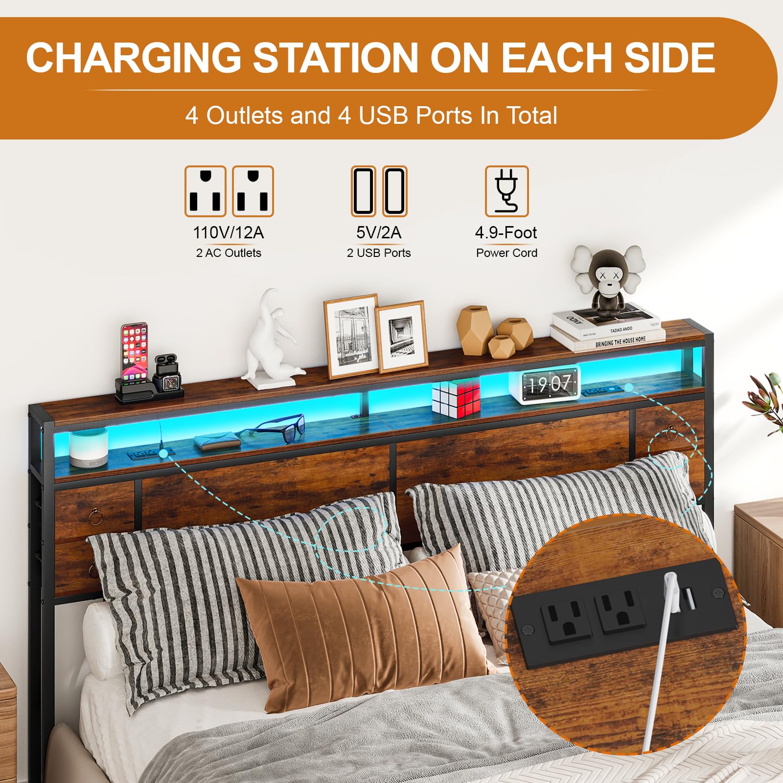 Snughome King Size Headboard, LED Headboard with 4 Storage drawers, King Headboard with Charging Outlets and USB Ports, Adjustable Height, Sturdy and Stable, Easy Assembly
