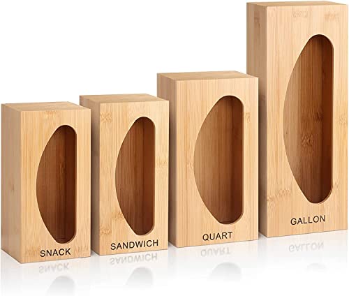 Urvoix Ziplock Bag Storage Organizer, 4 Pcs Baggie Organizer, Bamboo Ziplock Bag Organizer for Drawer Kitchen Compatible with Gallon, Quart, Snack & Sandwich Variety Size Bags
