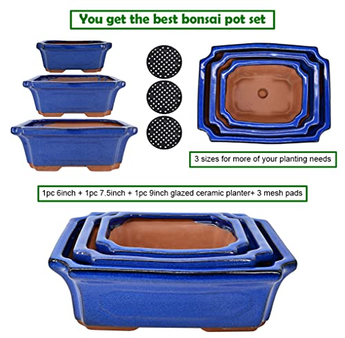 MUZHI 3 Pack Ceramic Rectangular Bonsai Tree Planter Pot Set 6β+7β+9β, Cactus Succulent Planter Blue Glazed with Mesh Hole Screens