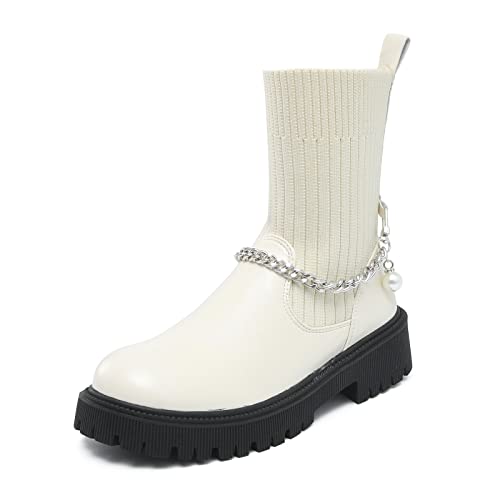 FASDNENDYS Shoes Short Boots Ankle Heels Women's Leather Chunky Casual Fashion Roman Women's Chestnut Boot White
