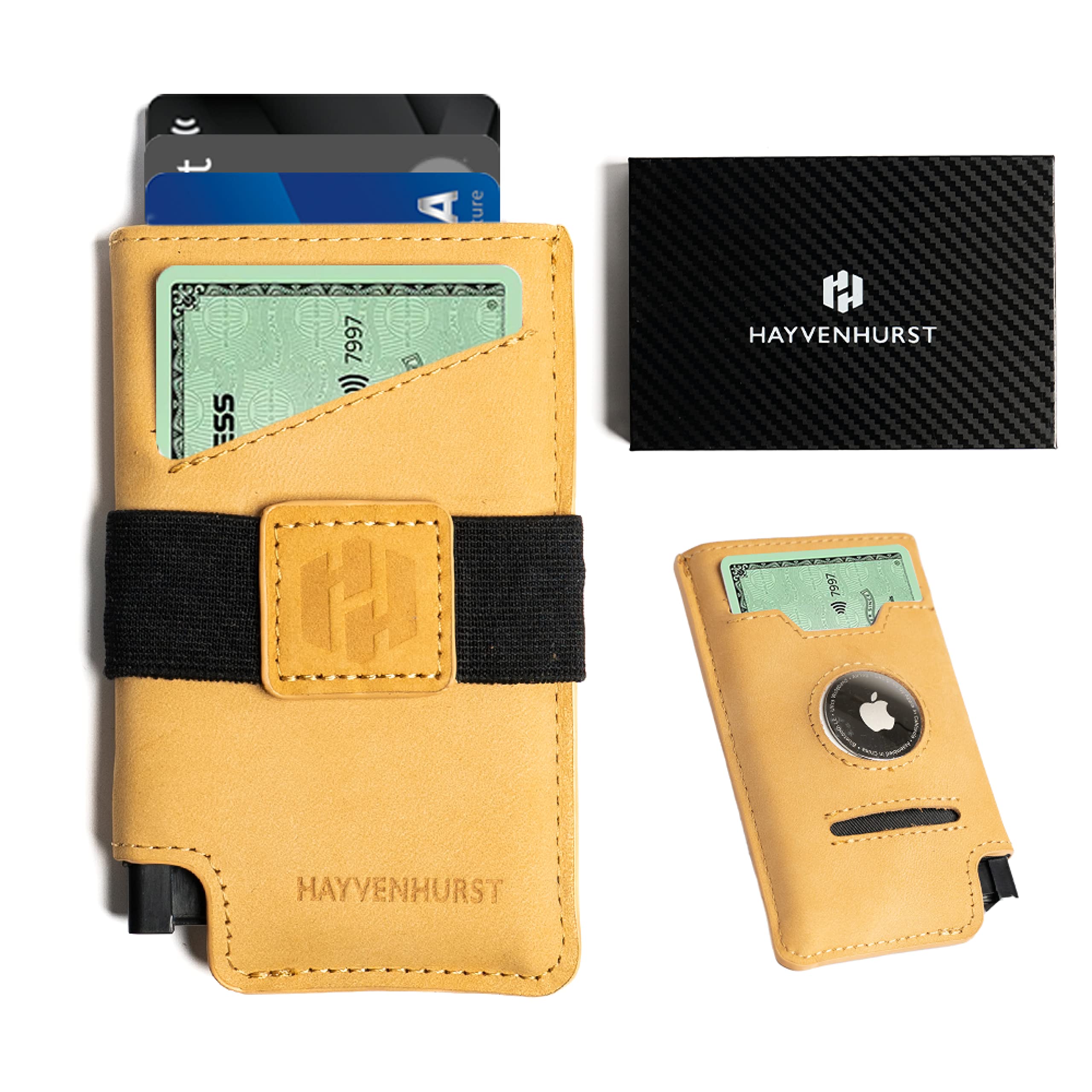Hayvenhurst Slim Minimalist Pop Up Wallet with Cash Strap - RFID Blocking Credit Card Holder Capsule Metal Wallets for Men (Carbon Fiber)