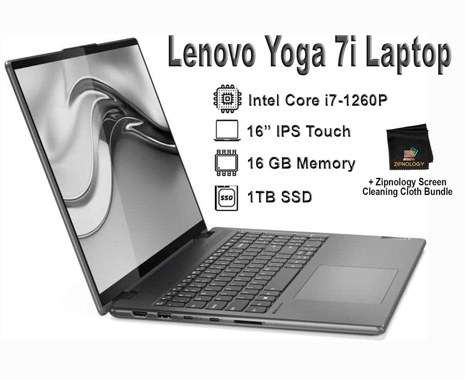 Lenovo Yoga 7i 16'' 2-in-1 Laptop 16" 2.5K IPS Touchscreen 400 nits, 12th Gen Intel 12-Core i7-1260P 16GB RAM 1TB SSD Iris Xe Graphics, Fingerprint, Thunderbolt, Windows11 Home +Zipnology Cloth -New