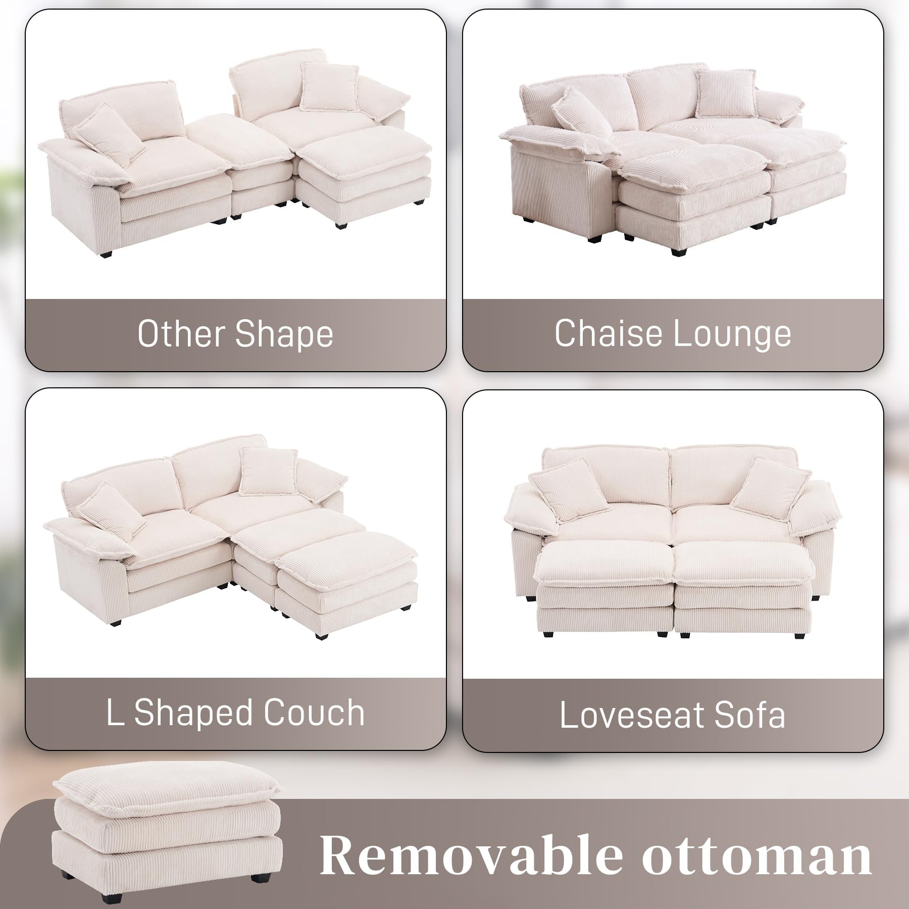 ONEMMLION 84.6" Modular Sectional Sofa Oversized Loveseat, Modern Upholstered Cloud Couch with 2 Ottoman, Comfy Corduroy Deep Seat Sleeper Sofa for Living Room, Small Space, Grey