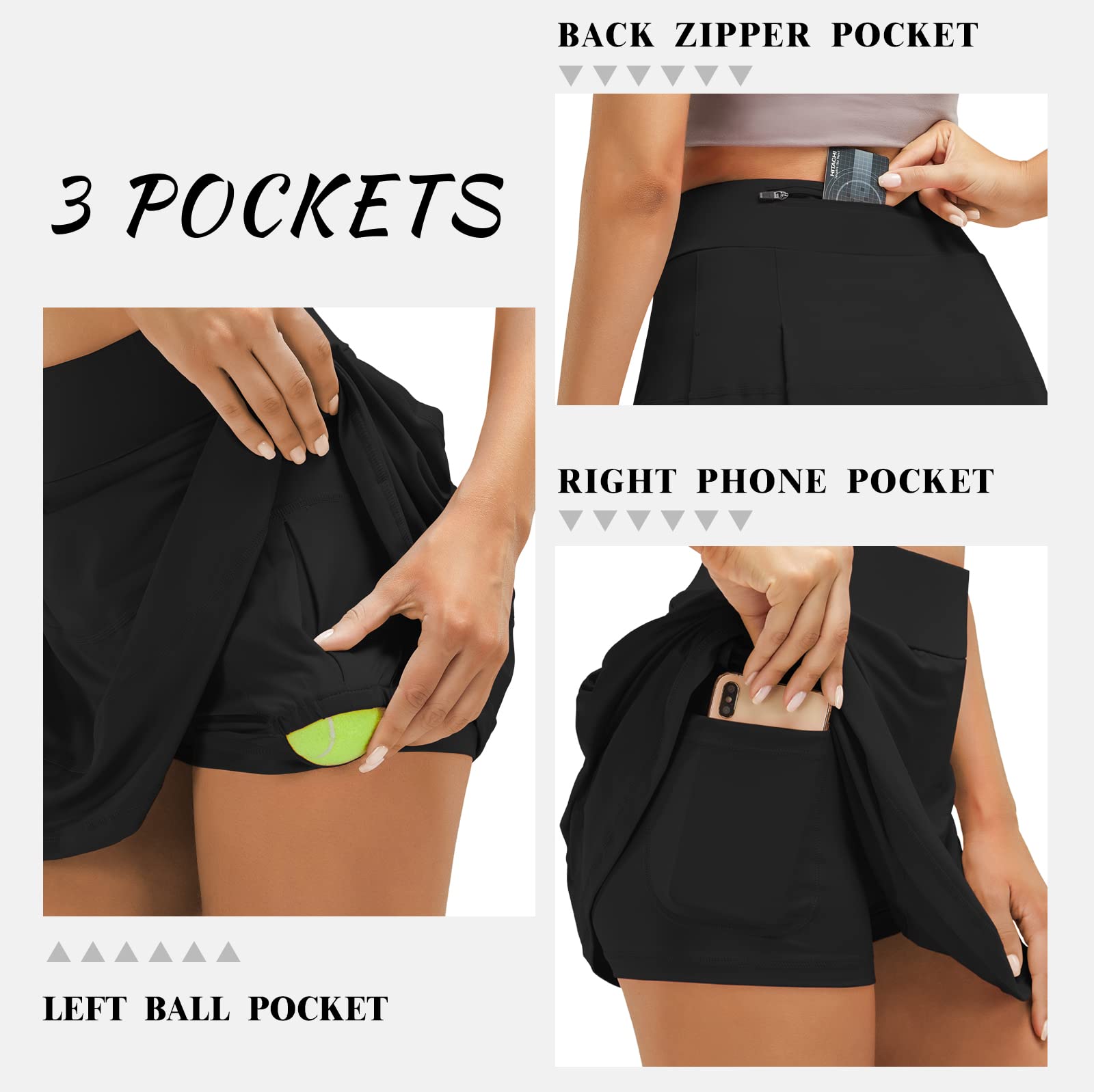 Fengbay Pleated Tennis Skirts for Women with Pockets Golf Skirt for Running Workout Athletic Shorts(Black,Medium)