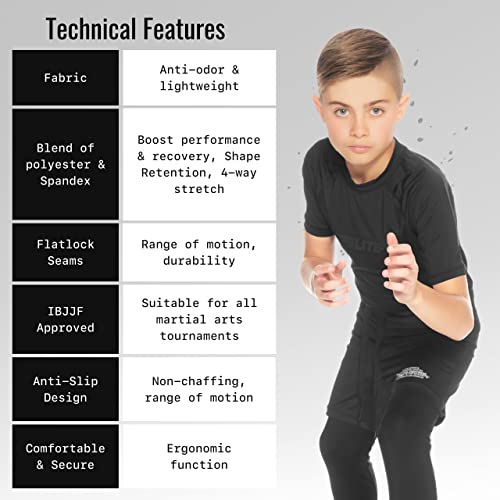 Elite Sports Kids' Jiu Jitsu BJJ Rash Guard, Short Half Sleeve Compression Shirt for Youth Boys Girls Sports Nogi Training (Black, Medium)