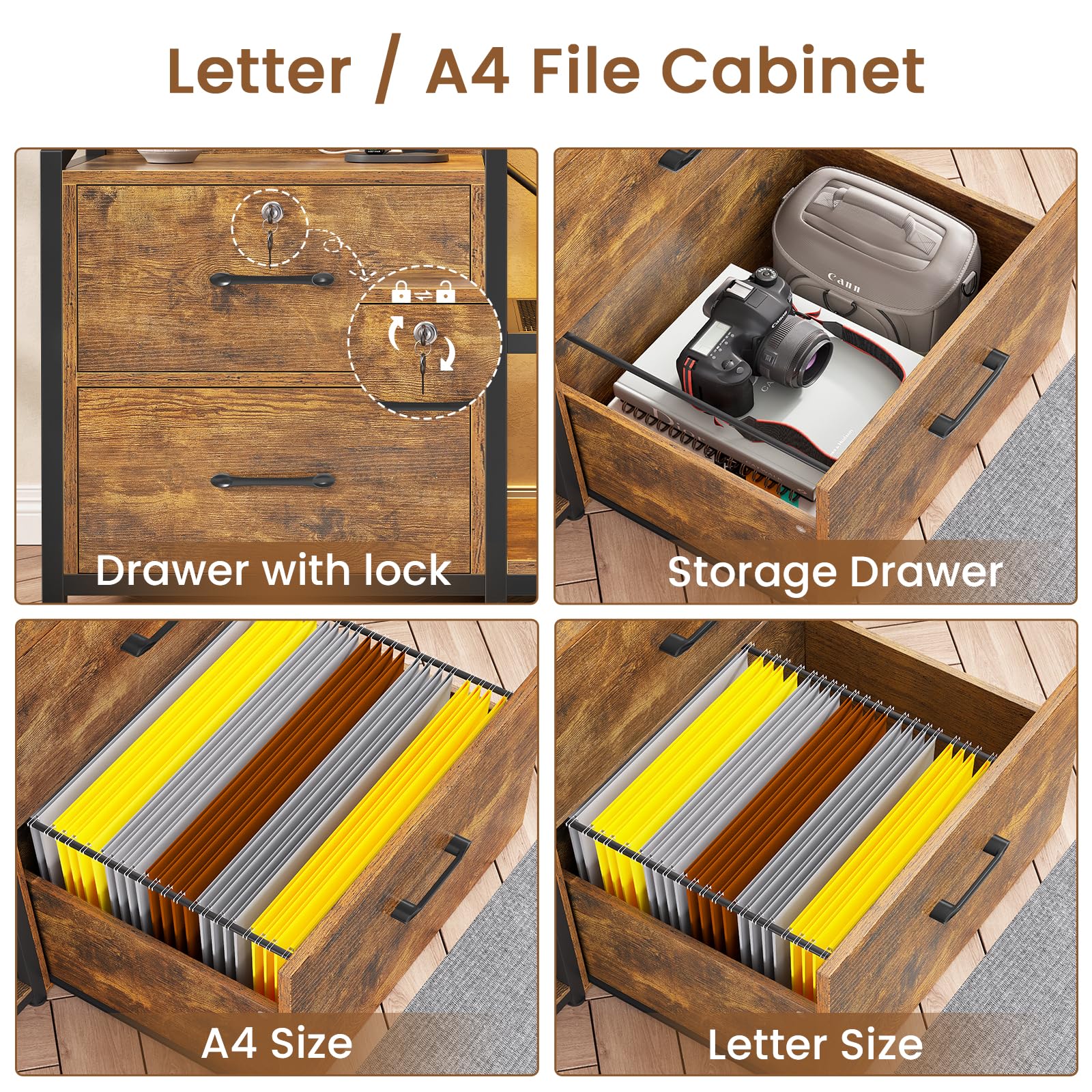 SEDETA 35.4” File Cabinet, Filing Cabinet fits Letter/A4 Size, 2 Drawe File Cabinets for Home Office with Power Strip, LED Lights, Lock, Open Shelf, Rustic Brown
