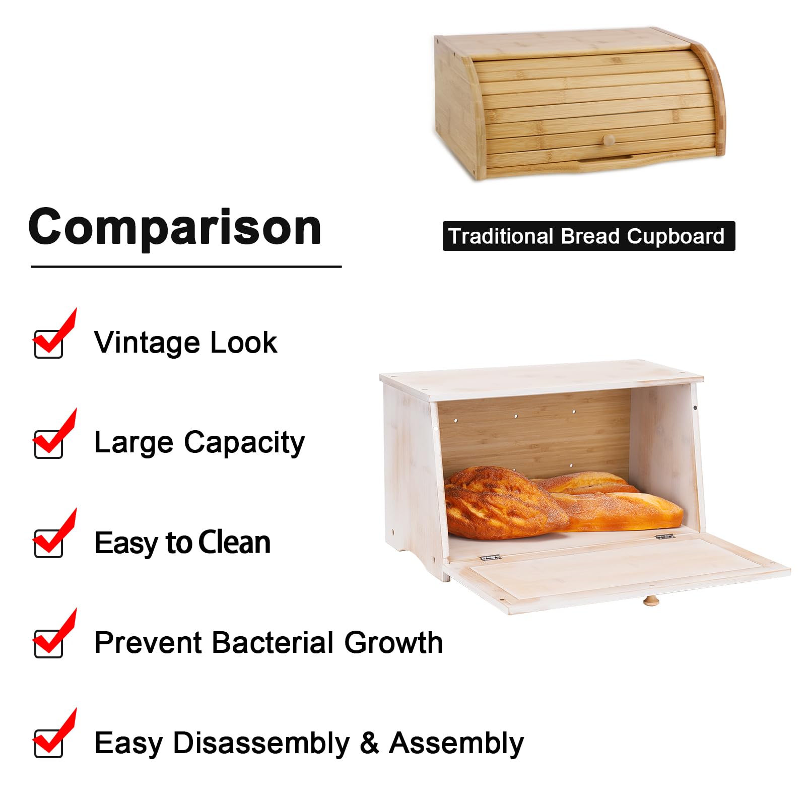 HOMEKOKO Vintage Large Wood Bread Box for Kitchen Counter, Retro Design Single Layer Bamboo Large Capacity Food Storage Bin (White)