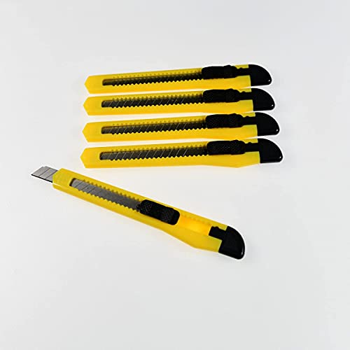 KINBRIEF 9mm Utility Knife Retractable Razor Box cutter for Cartons,Carboards compact Pack 5 with 10 Snap off Blades for Office and Home,yellow