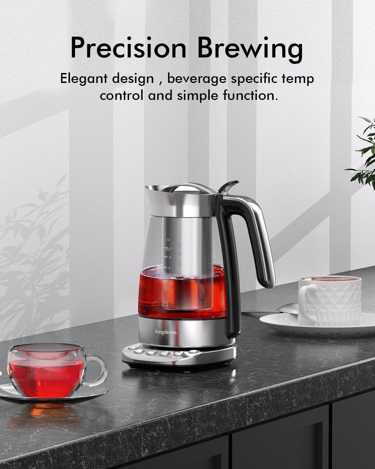 Electric Glass Tea Kettle with Infuser, 1.7L/1500W Fast Boiling, Stainless Steel, Temperature Control Tea Maker, BPA Free - Easy Lid Removal & Keep Warm Feature, Silver