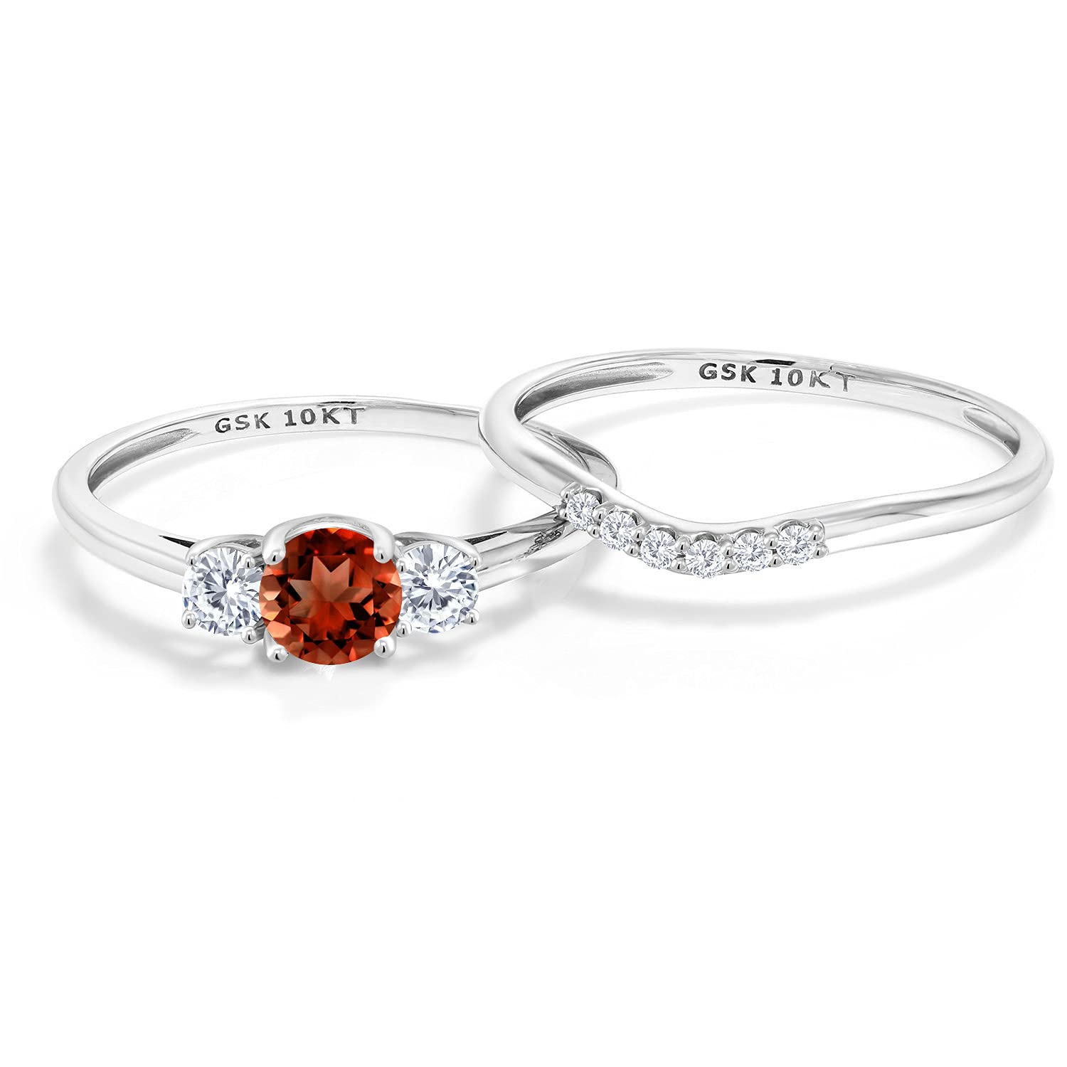 Gem Stone King 10K White Gold Red Garnet and White Lab Grown Diamond 3-Stone Bridal Engagement Wedding Ring Set For Women (1.24 Cttw, Gemstone January Birthstone, Round 5MM, Size 8)