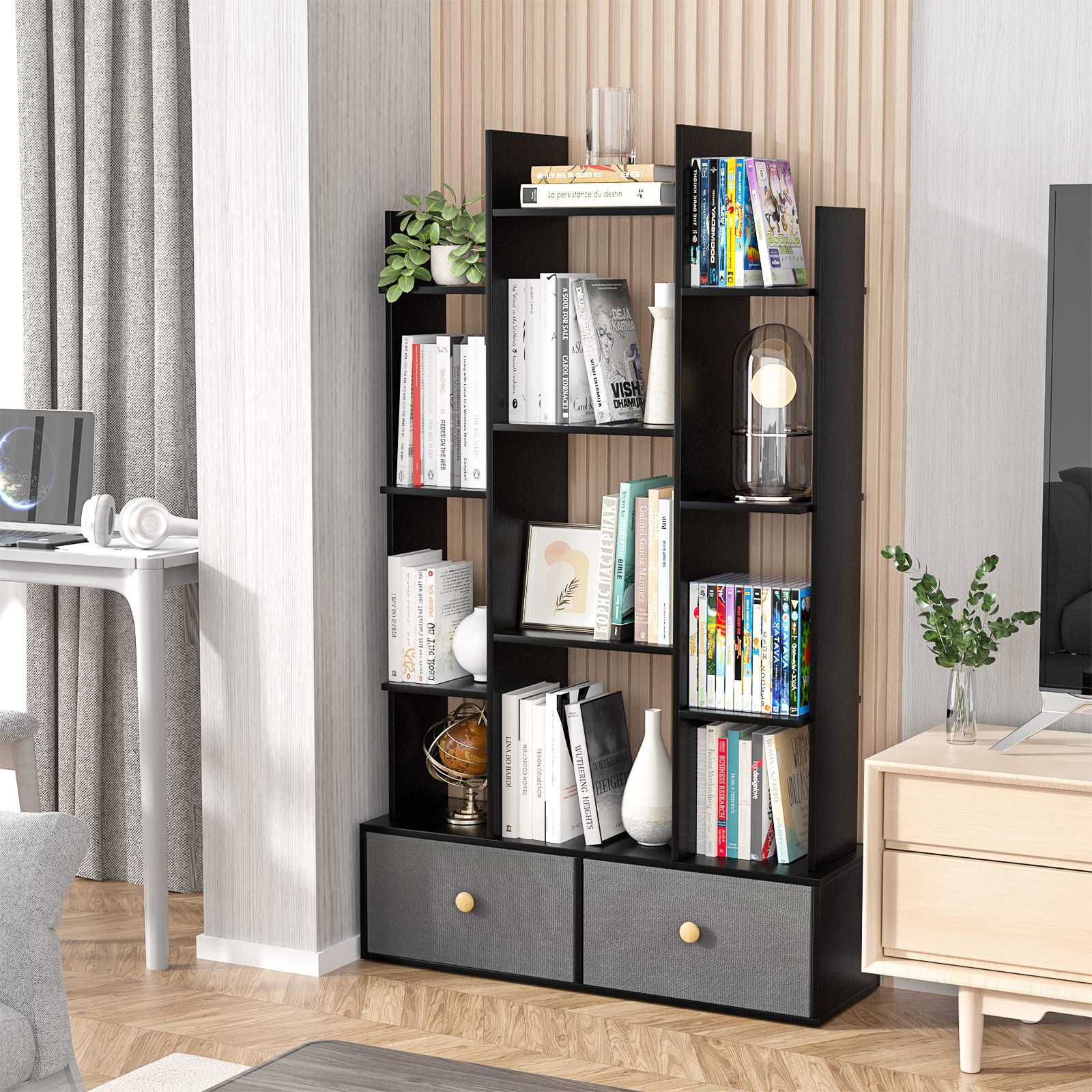 Unikito Book Shelf with 2 Drawers Free Standing Bookcase, Office Storage Shelf Organizer with 12 Open Bookshelf, Industrial Wood Book Case Display Rack for Bedroom, Living Room Home Office, Black