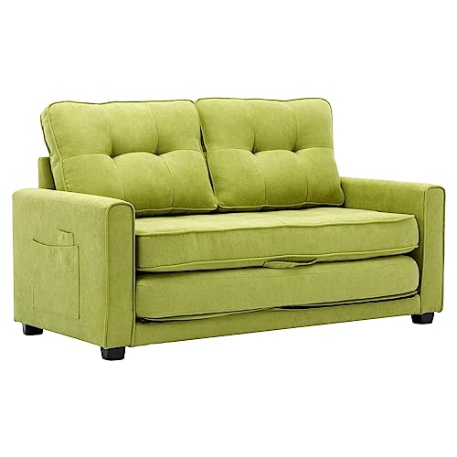 Merax 59.4" Loveseat Pull-Out Sofa Bed Modern Upholstered Couch with Side Pocket for Living Room Office,Green