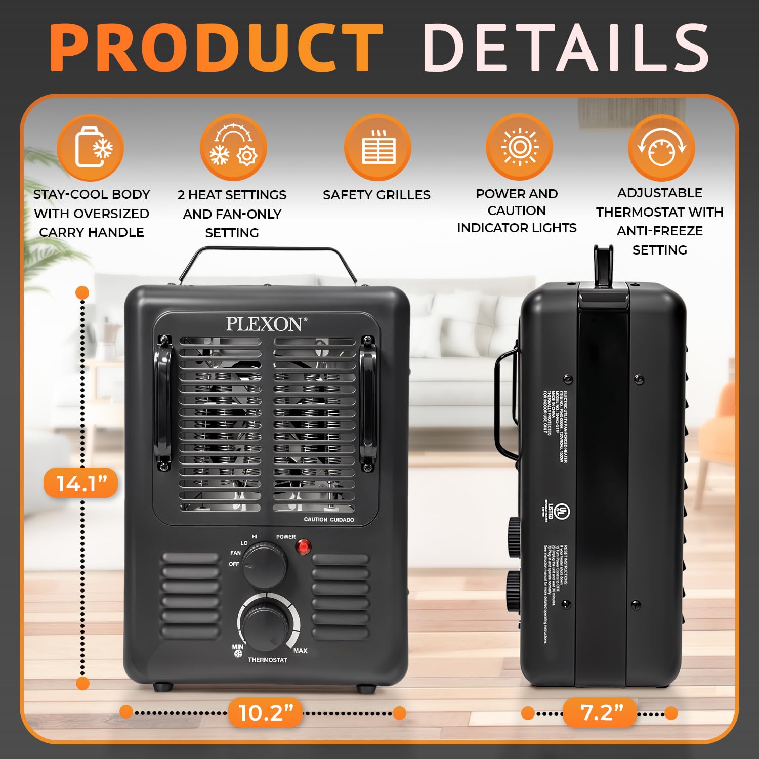 Plexon Milkhouse Utility Electric Space Heater with Thermostat Adjustable Overheat Protection Perfect for Garage or Greenhouse Workshop Comfort Home 1500 Watt Black