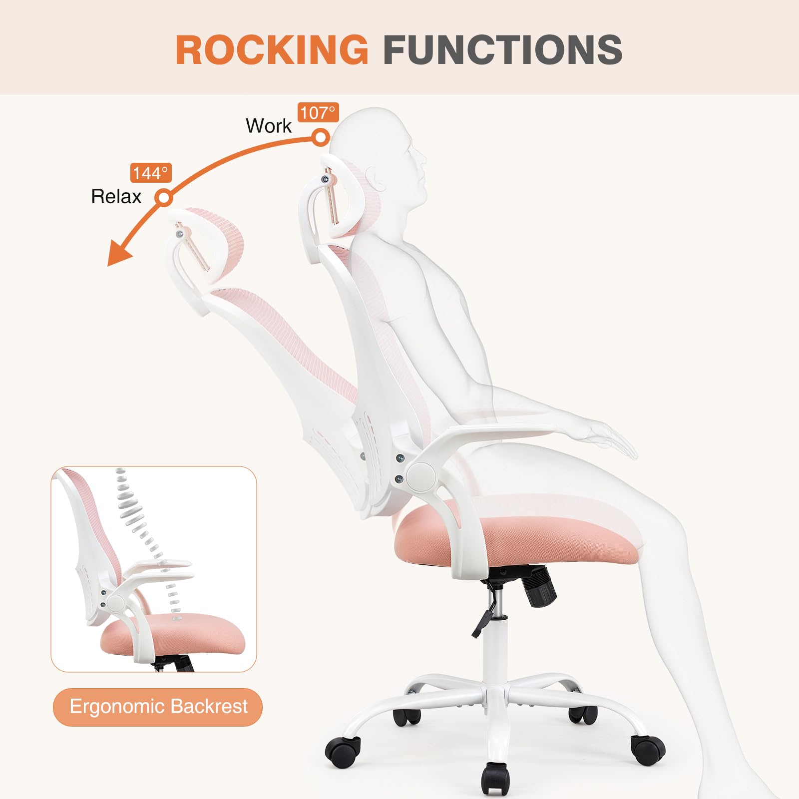 Sweetcrispy Office Computer Desk Chair, Ergonomic High-Back Mesh Rolling Work Chairs with Wheels and Adjustable Headrests, Comfortable Lumbar Support, Comfy Flip-up Arms for Home,Bedroom,Study, Pink