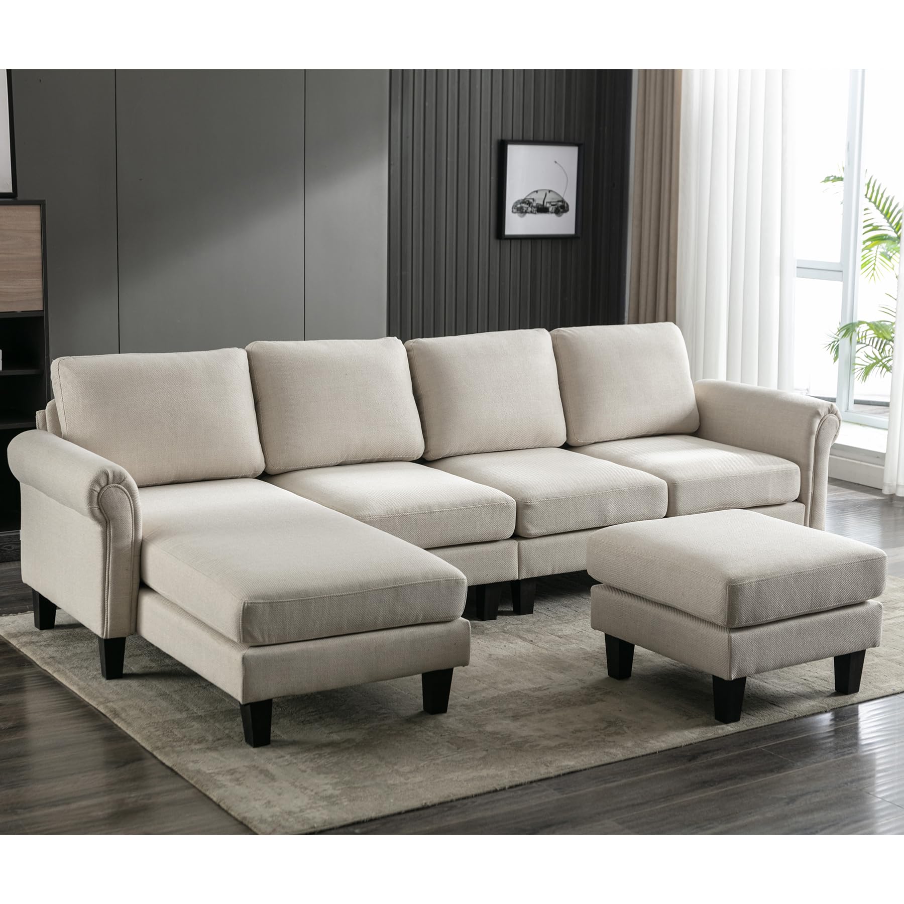 ONEMMLION U Shaped Sectional Sofa Couch with Pillows, Convertible L Shaped Linen Couch Set with Chaise Lounge & Movable Ottoman, 4 Seat Sofa Set for Living Room, 109 inches (Beige)