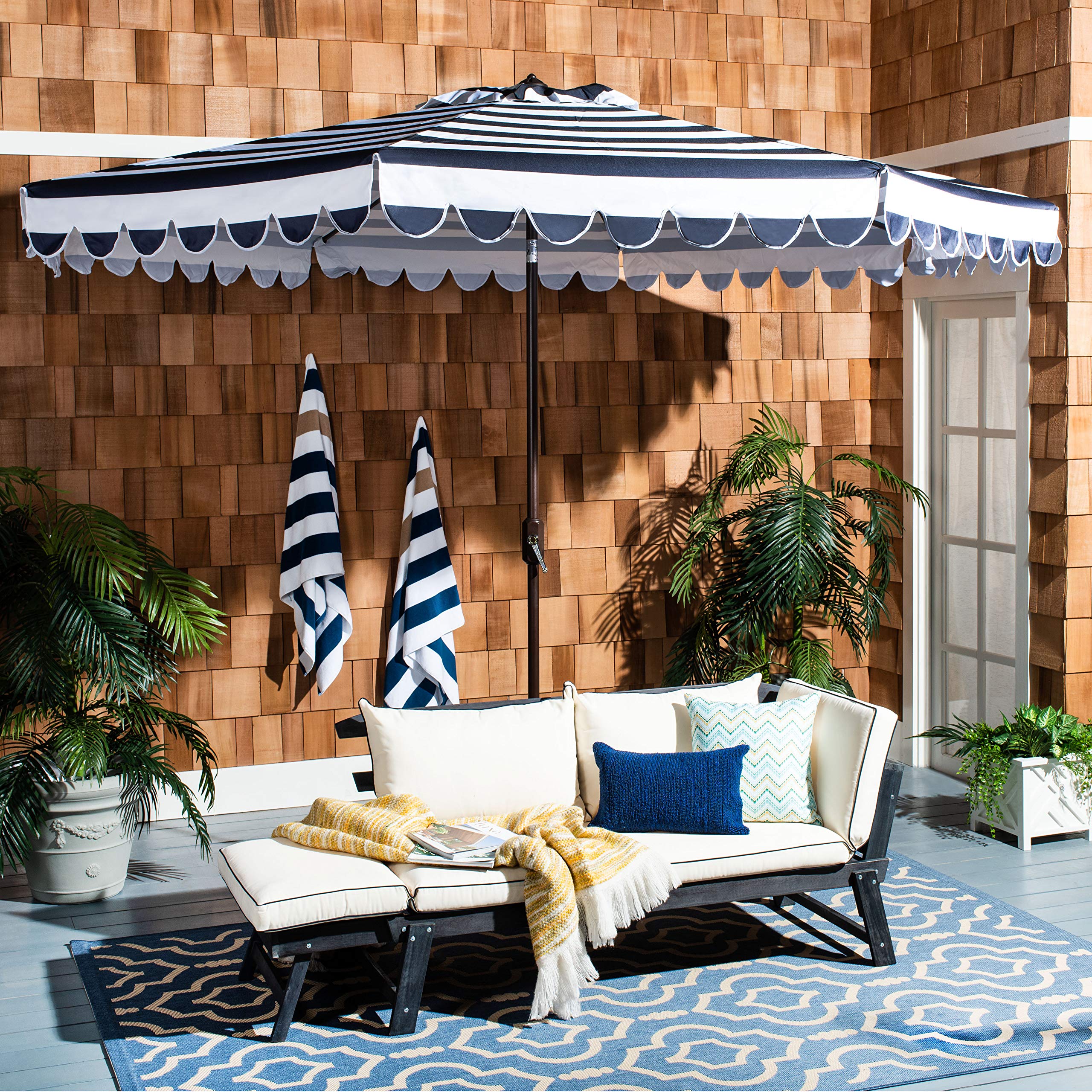 Safavieh PAT8111C Outdoor Vienna Navy and White 11-Foot Round Crank UV Protected Umbrella