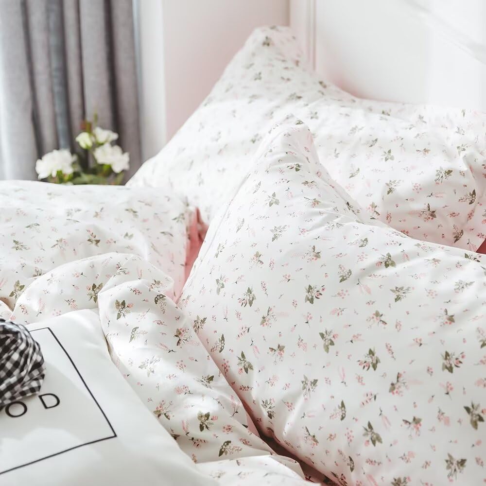 VClife Queen Cotton Duvet Cover Pink White Floral Bedding Sets, Vintage Style Flower Branches Pattern Duvet Covers with Zipper Closure- 1 Duvet Cover and 2 Pillow Covers, Breathable Lightweight