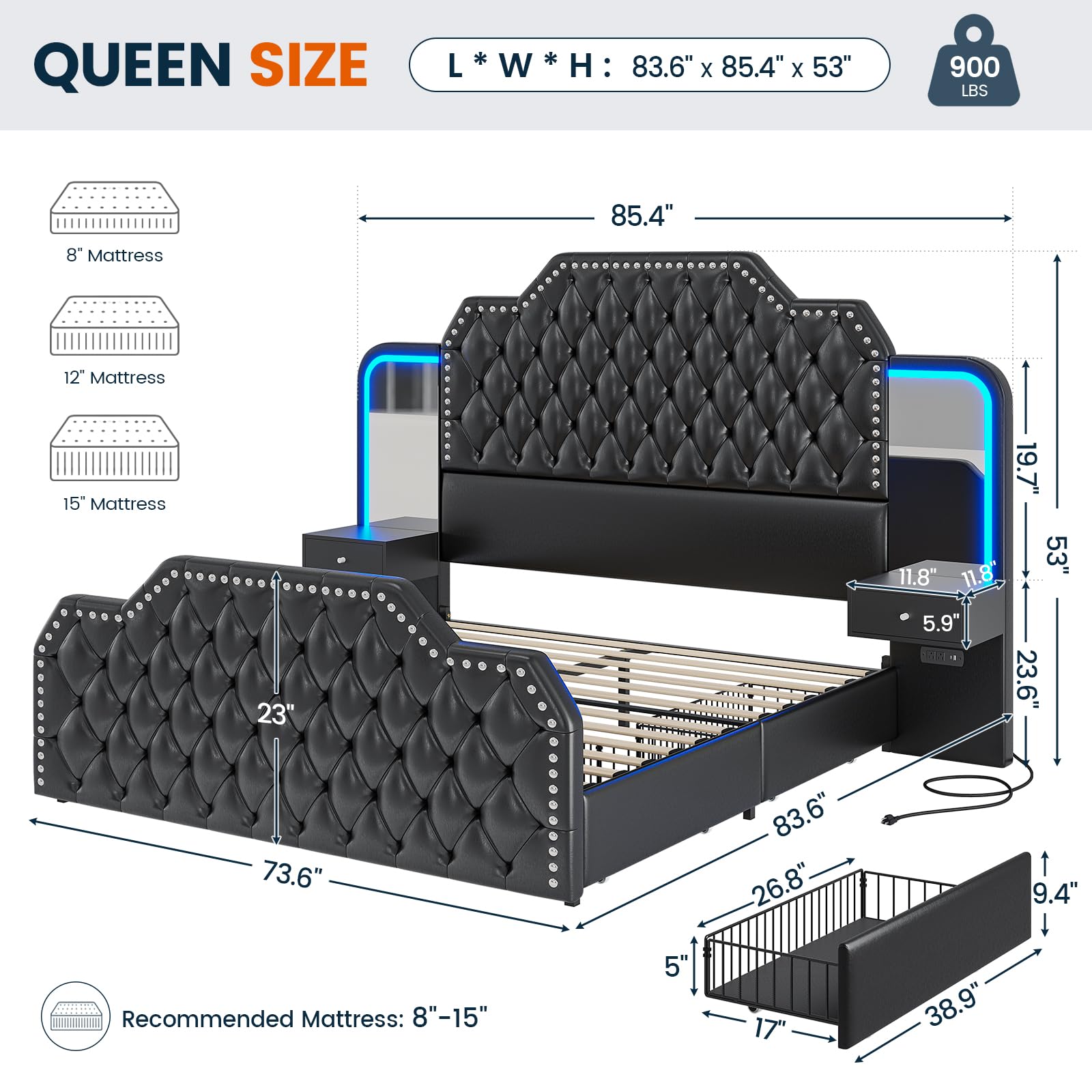 SEDETA Queen Size 53” Tall Platform Bed Frame with 4 Storage Drawers, PU Leather Upholstered Queen Bed Frame with Deep Button Tufted Headboard and Footboard, Built in Charging Station & LED, Black