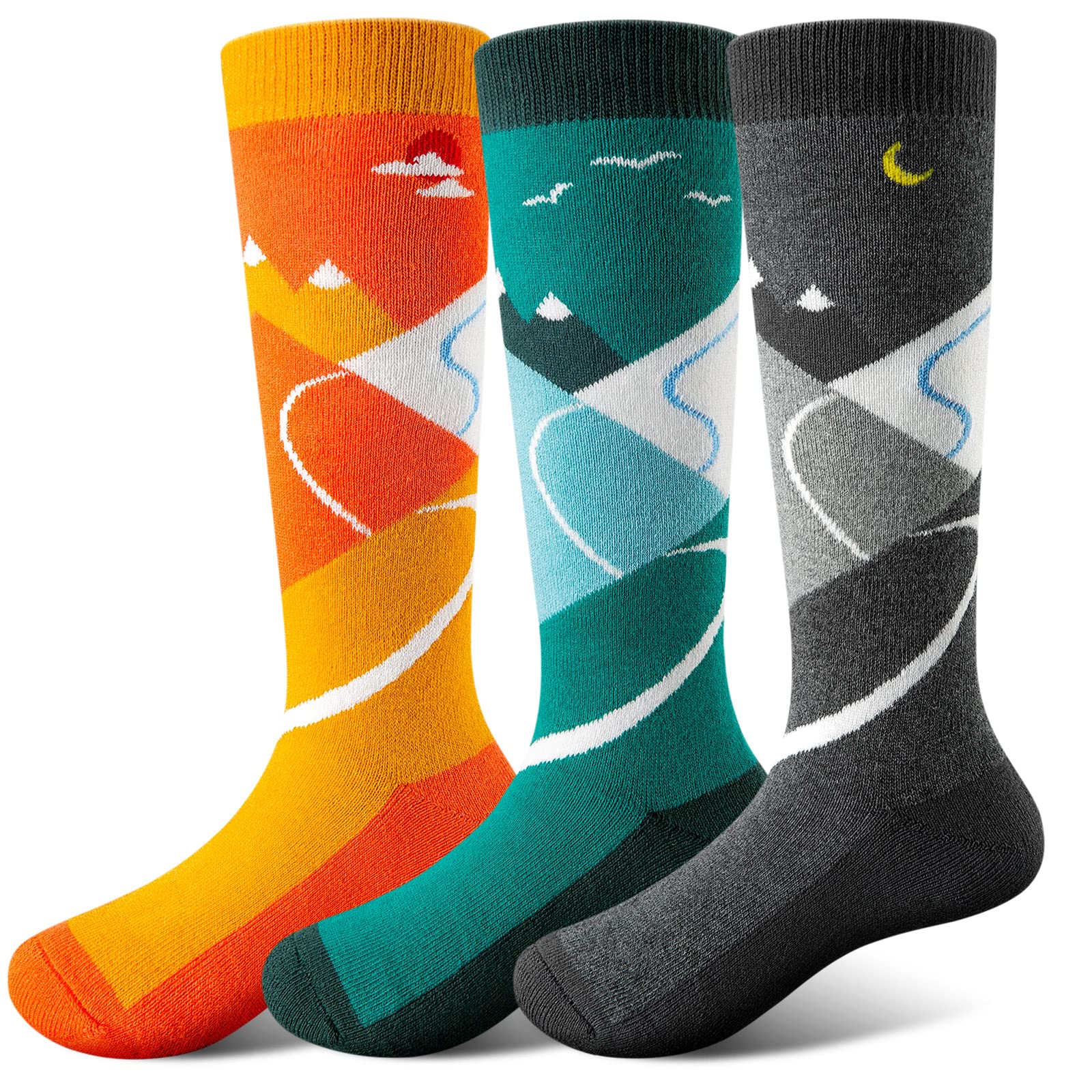 FanNicoo 3 Pack Kids Ski Socks OTC Warm Soft Non-Slip Cuff Winter Skiing Outdoor for Girls Boys(Orange+Gray+Green), Medium
