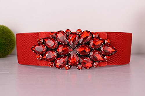 Dorchid Women Rhinestone Belt Crystal Elastic Waist Floral Cummerbund for Dress Red