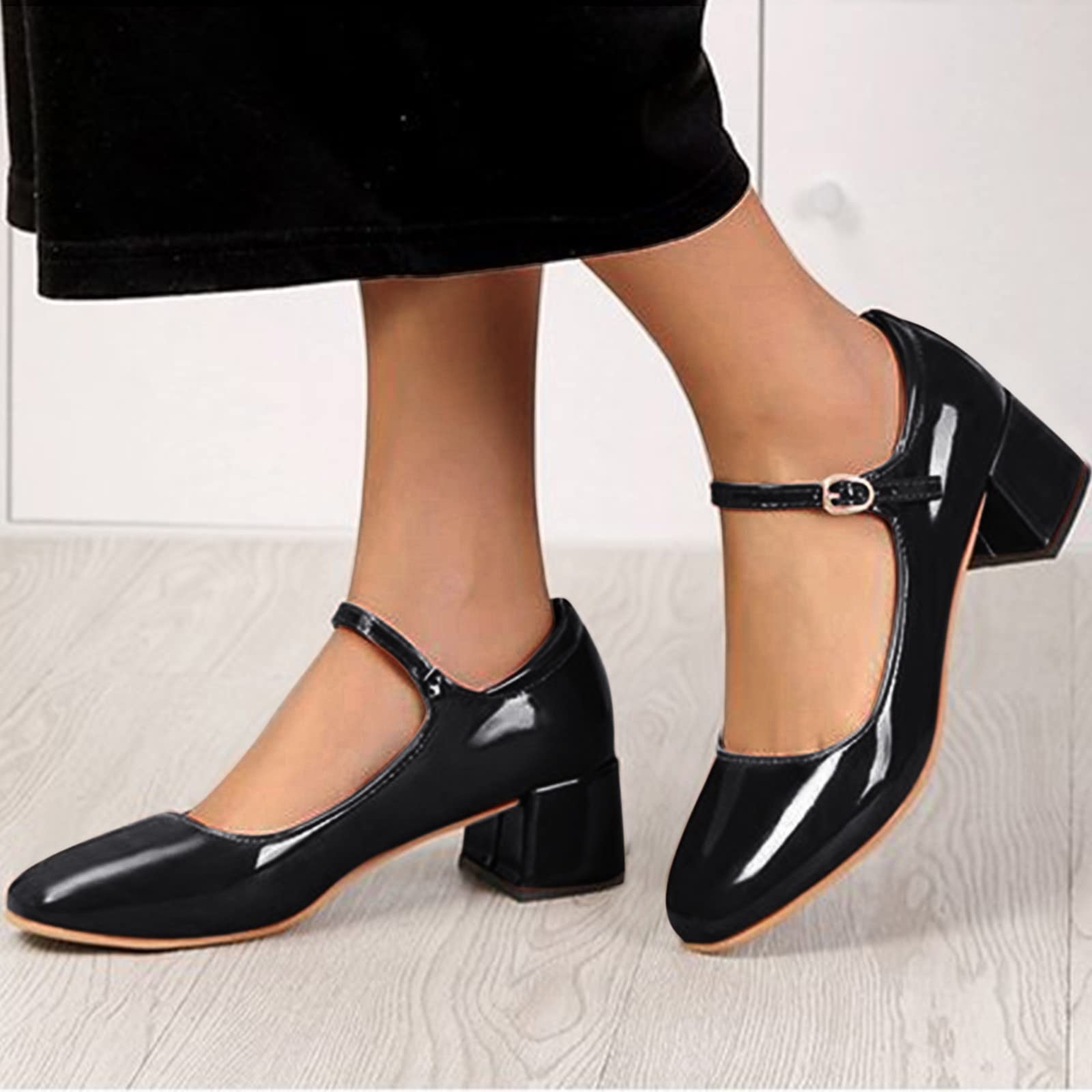 FASDNENDYS Spring Women's Leather Mouth Heel Thick Shoes Shallow High Medium Retro Heel Literary Casual Heel Women's Medium Heel Black