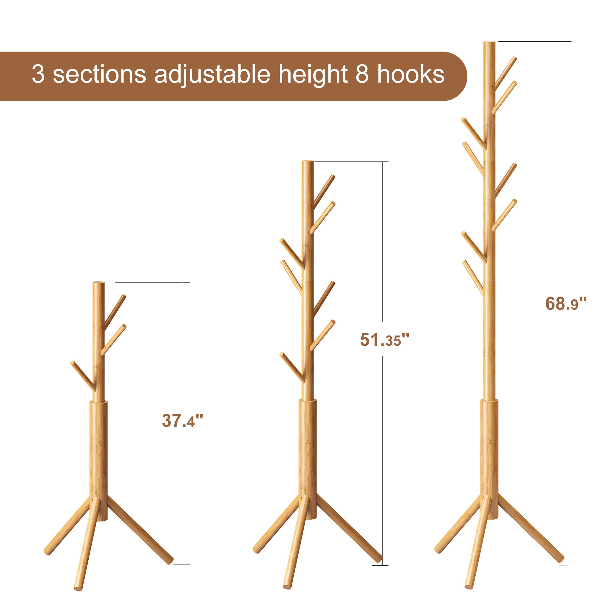 FILWH Bamboo Coat Rack Freestanding Adjustable Coat Tree with 3 Sections & 8 Hooks Easy to Assemble Coat Hanger Stand for Bedroom Office Hallway Entryway Bedroom Coat Rack(Natural)